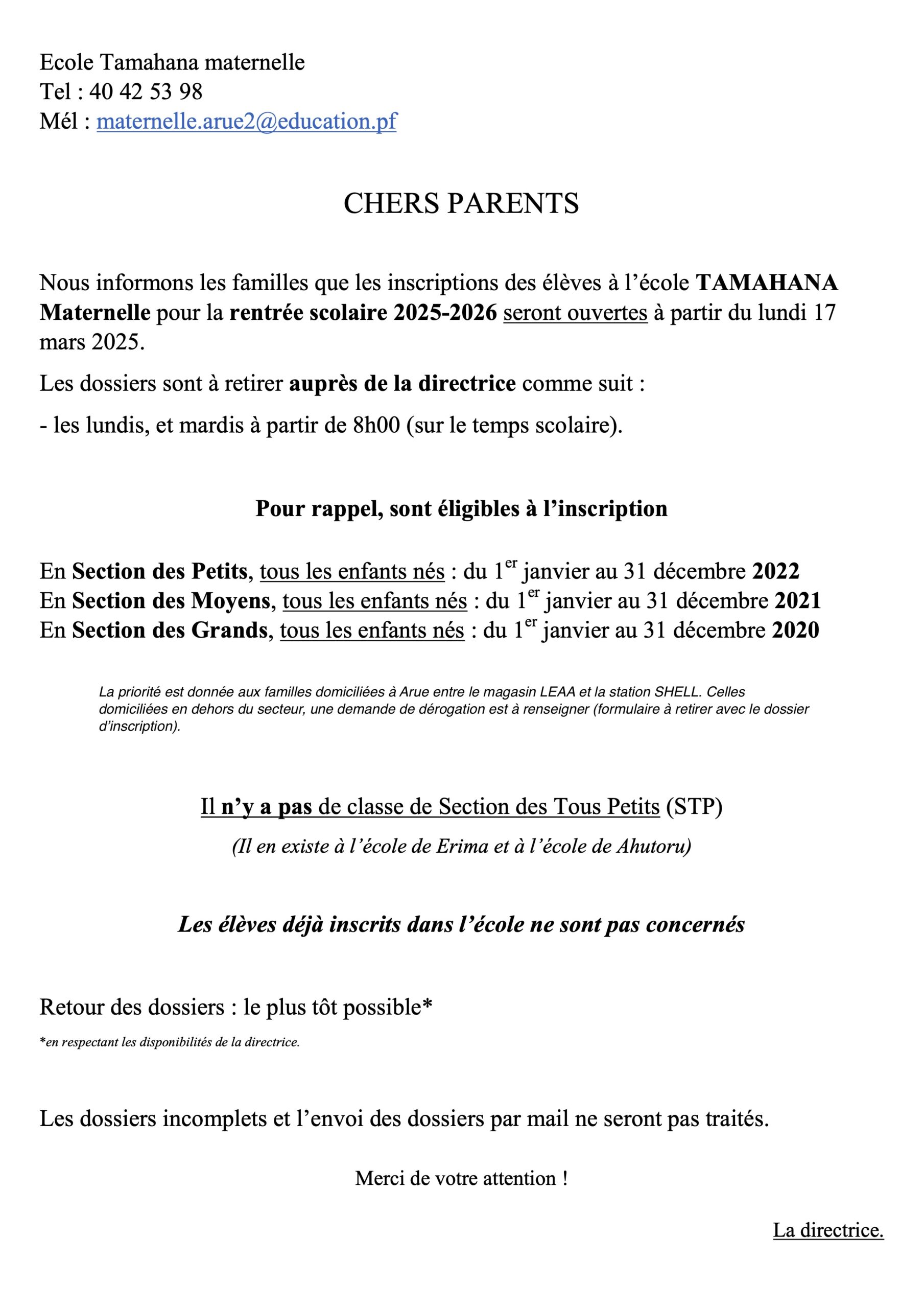 Inscriptions à Tamahana maternelle - Site officiel de la Ville de Arue ...